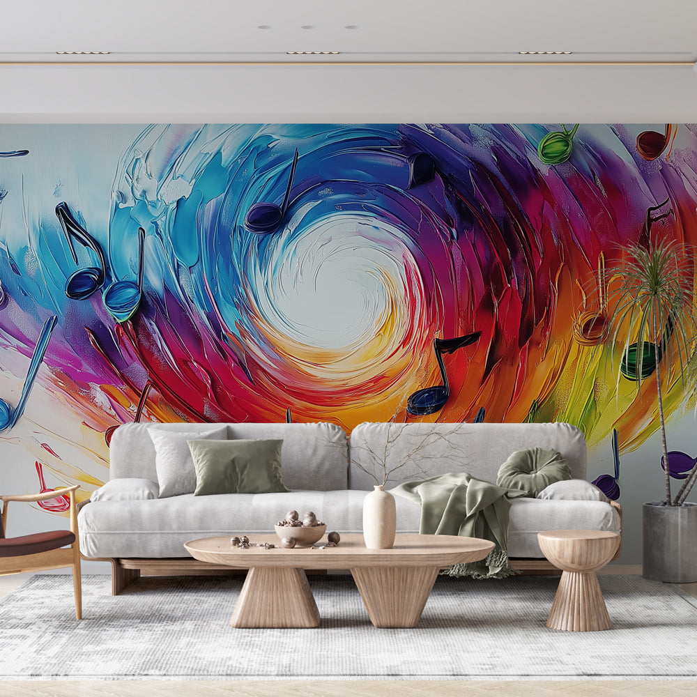 Mural Wallpaper colorful music | Vibrant spiral of musical notes in pa ...