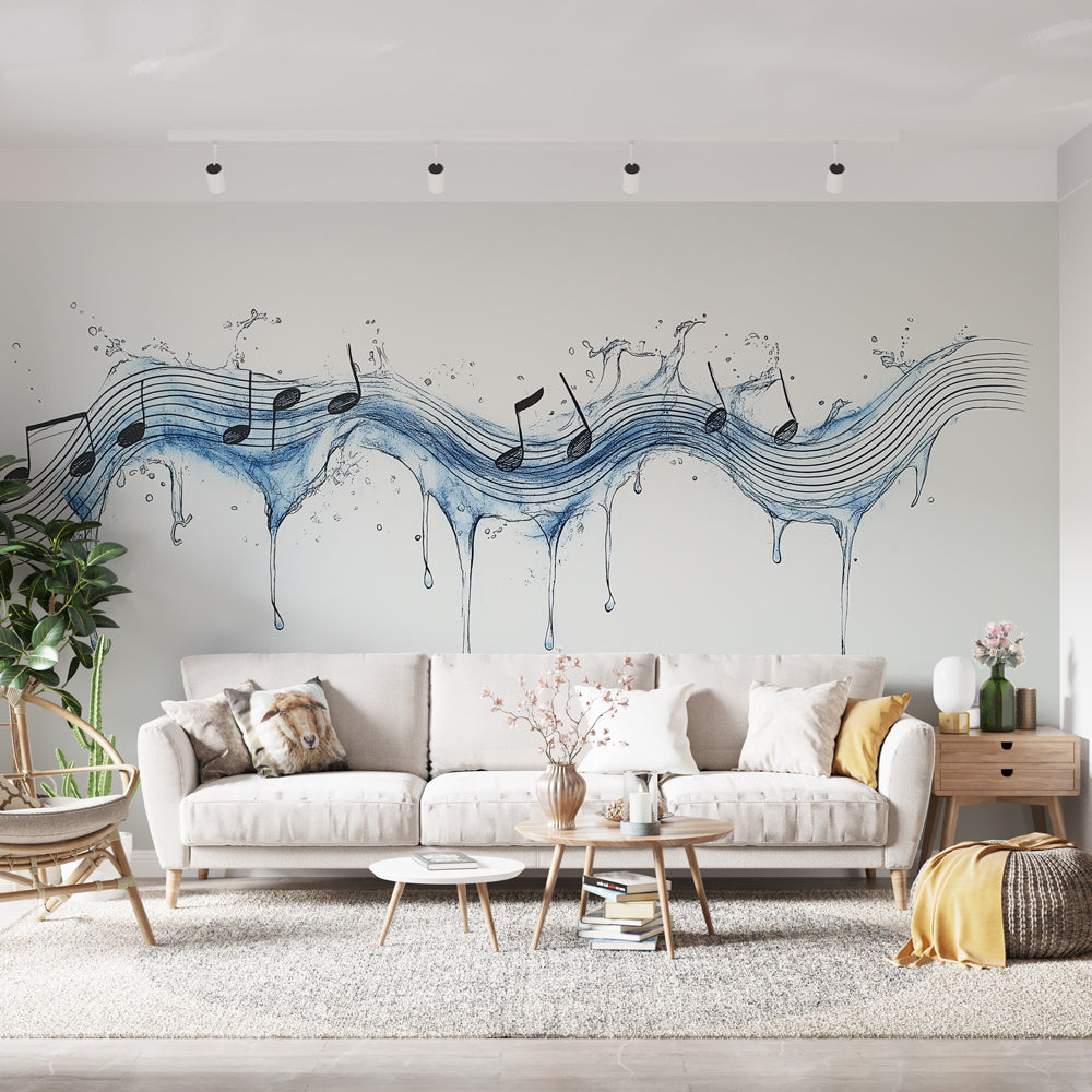 Mural Wallpaper music | A wave of musical notes and water in watercolo ...