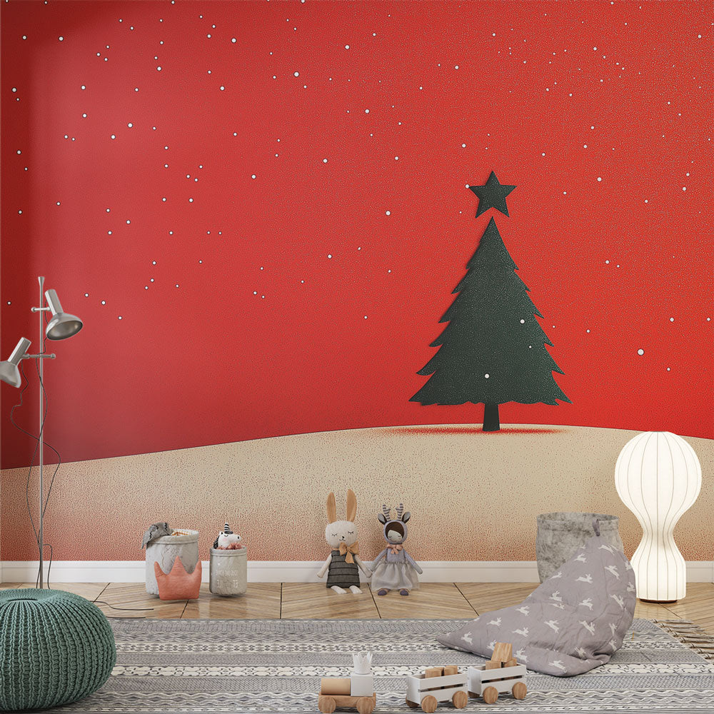 Mural Wallpaper Christmas | Christmas Tree on Festive Red Background ...