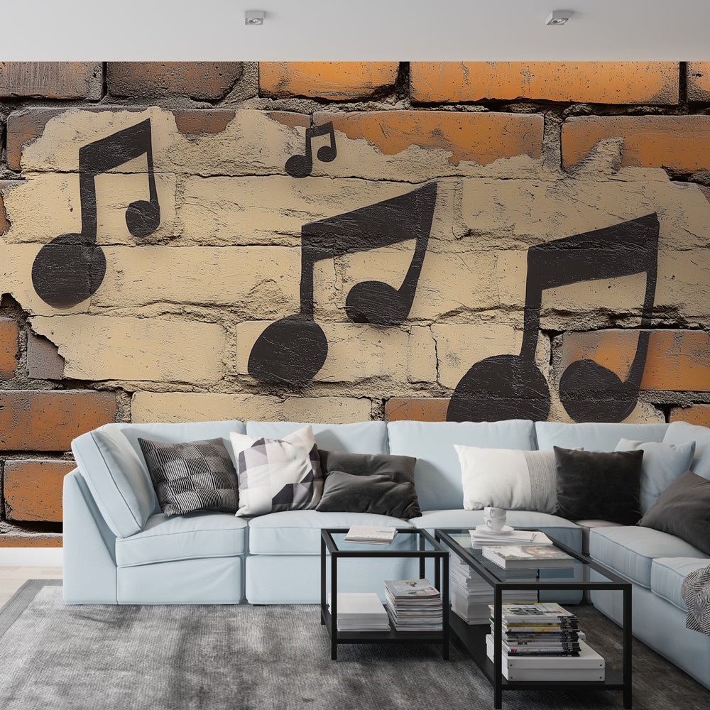 Mural Wallpaper music notes | Brick wall with graphic musical patterns ...