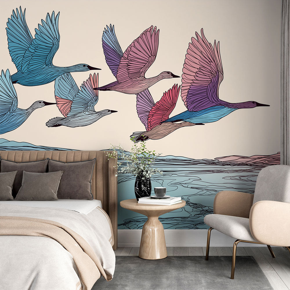 Mural Wallpaper birds in flight | Colorful linear designs of ducks abo ...