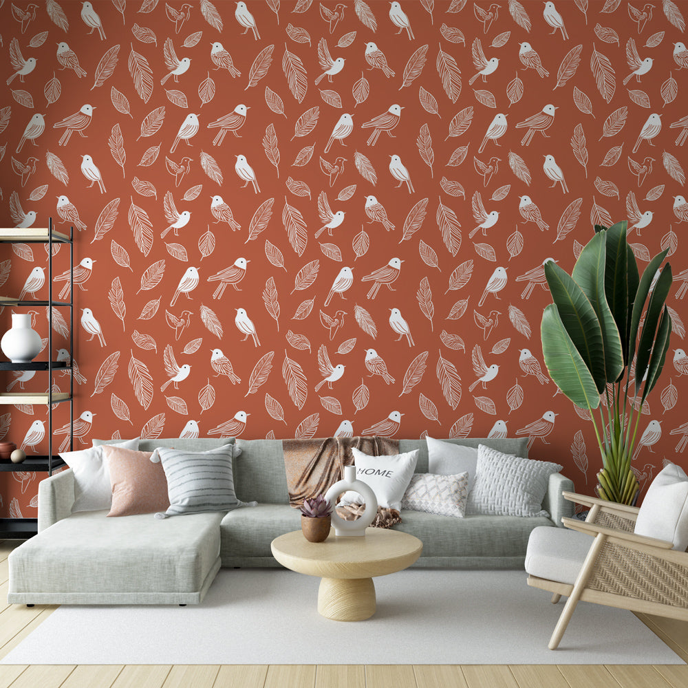 Mural Wallpaper birds and foliage | White bird pattern on terracotta b ...