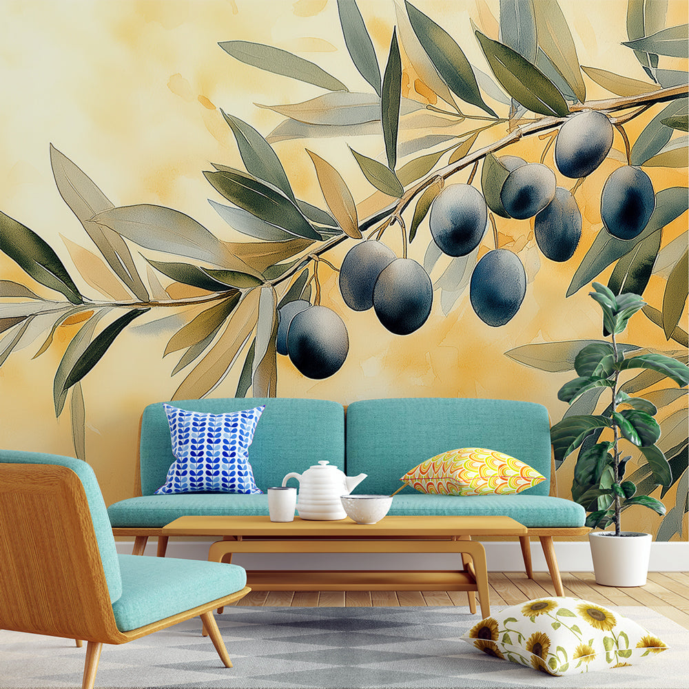 Mural Wallpaper olive tree | Olive branch with olives on a soft backgr ...
