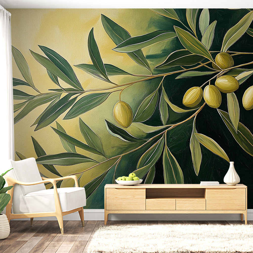 Mural Wallpaper olive-tree | Elegant pattern of olive branches on a gr ...