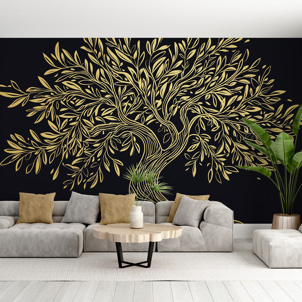 Mural Wallpaper olive-tree | Elegant illustration of a golden tree on ...
