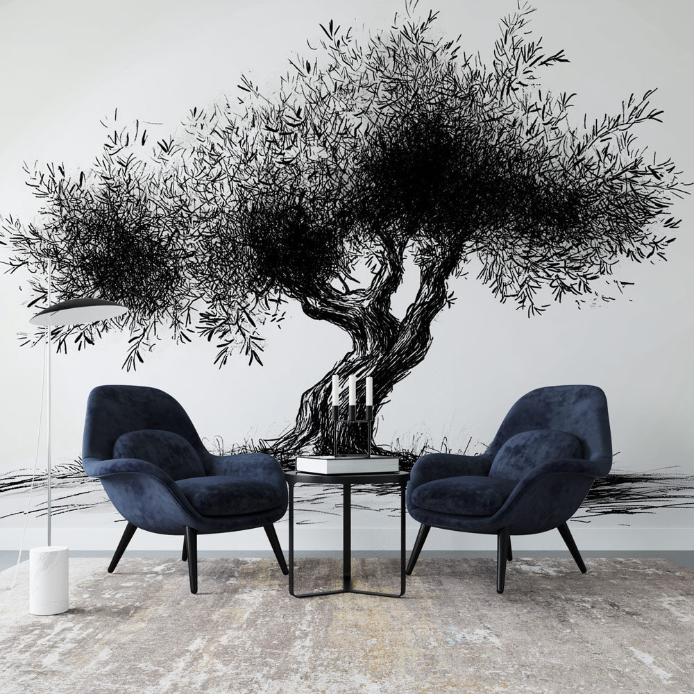 Mural Wallpaper olive tree | Illustration of a century-old tree in bla ...