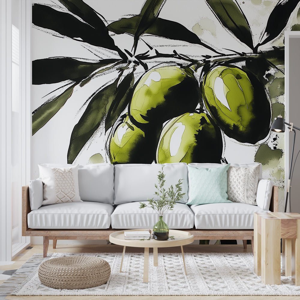 Mural Wallpaper olive tree | Modern illustration of green olives with ...