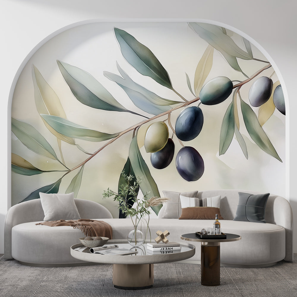 Mural Wallpaper olive tree | Pattern of olive branches with leaves and ...