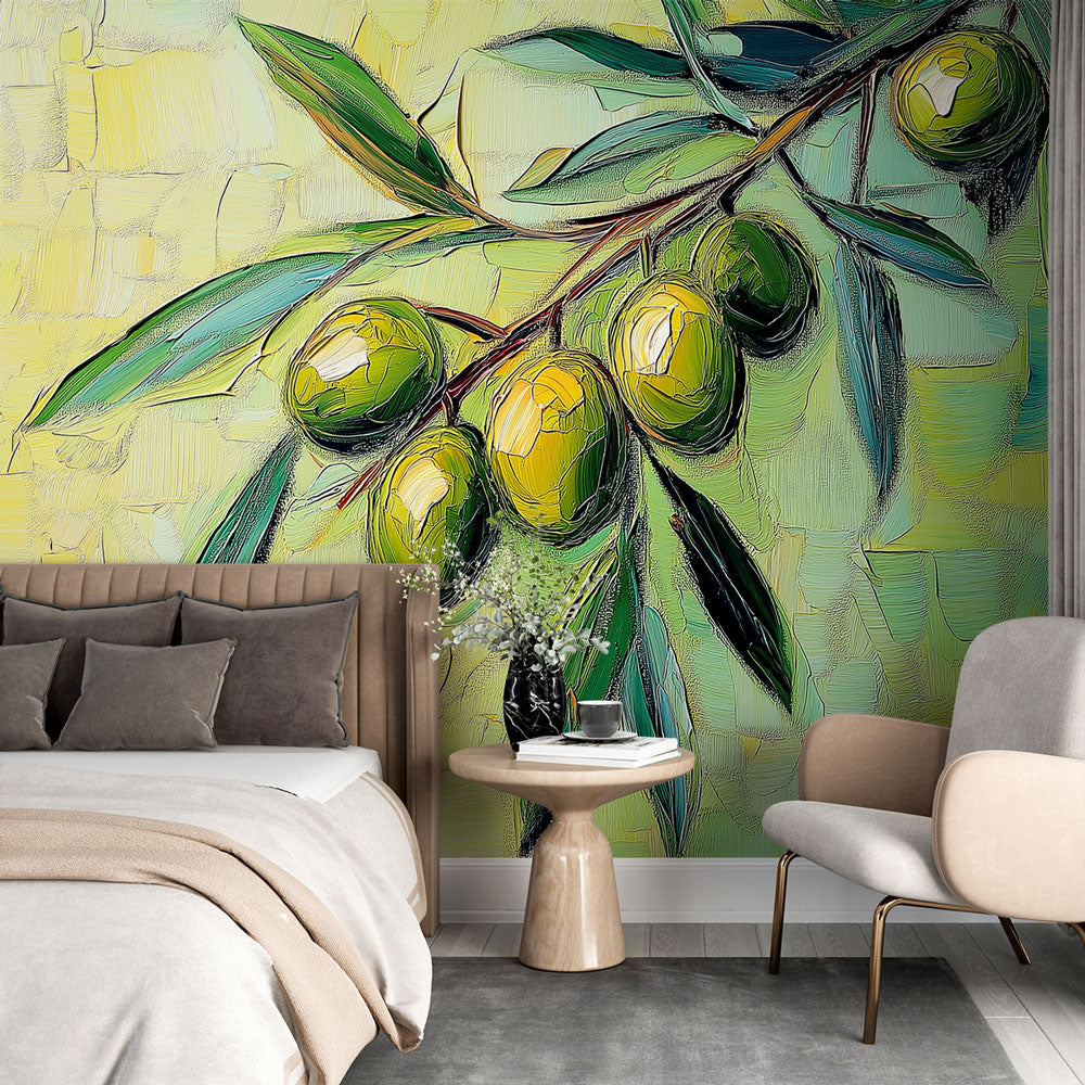 Mural Wallpaper olive-tree | Vibrant olive branch in oil painting ...