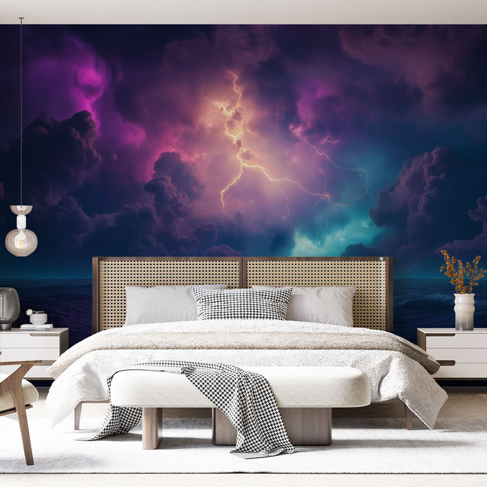 Mural Wallpaper storm | Dramatic sky with lightning and rolling waves ...