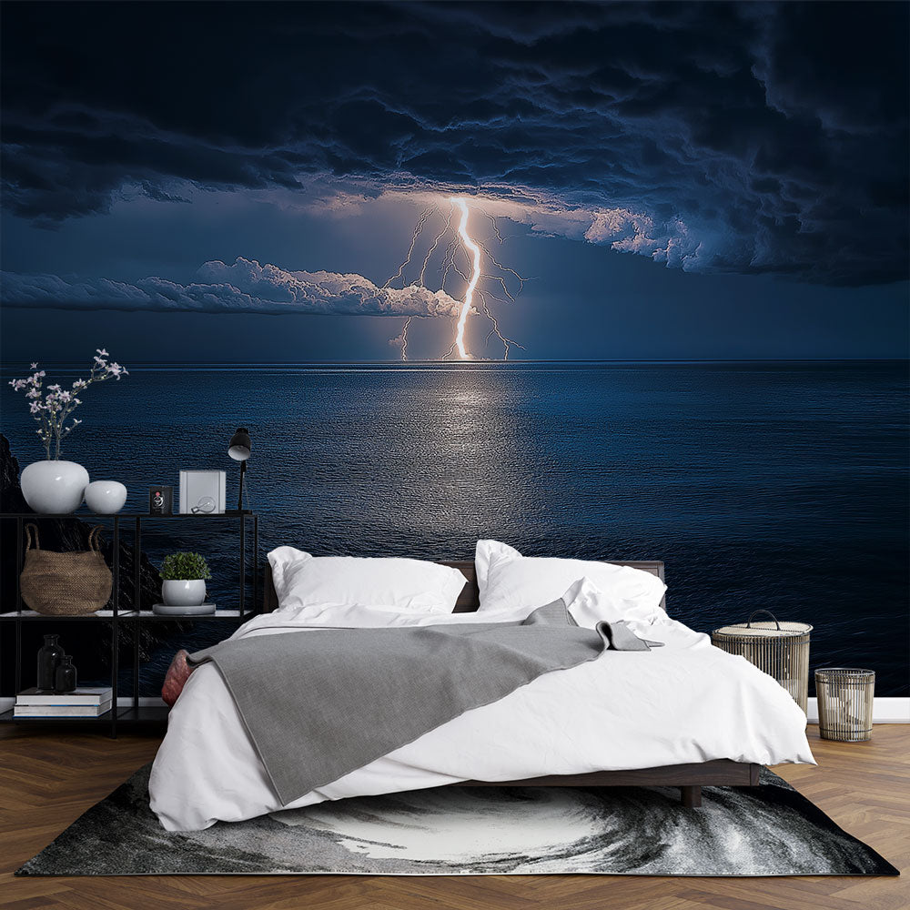 Mural Wallpaper storm | Spectacular lightning over a calm ocean ...