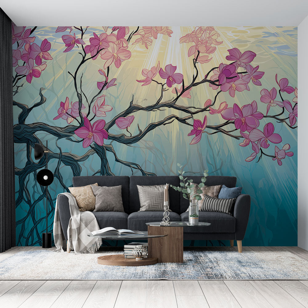 Foto Behang orchideeën | Roze orchideetakken op een rustgevende aquati ...