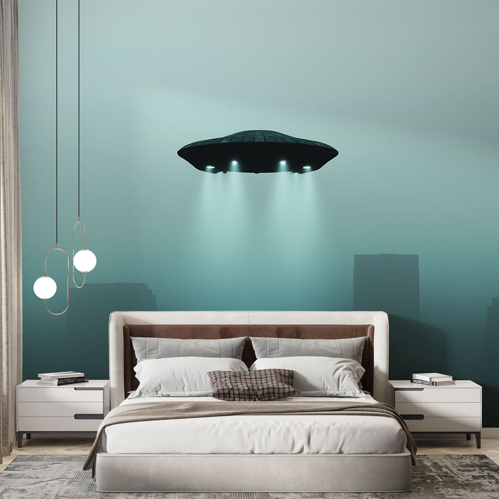 Mural Wallpaper UFO | Spaceship over a foggy city — WonderMural