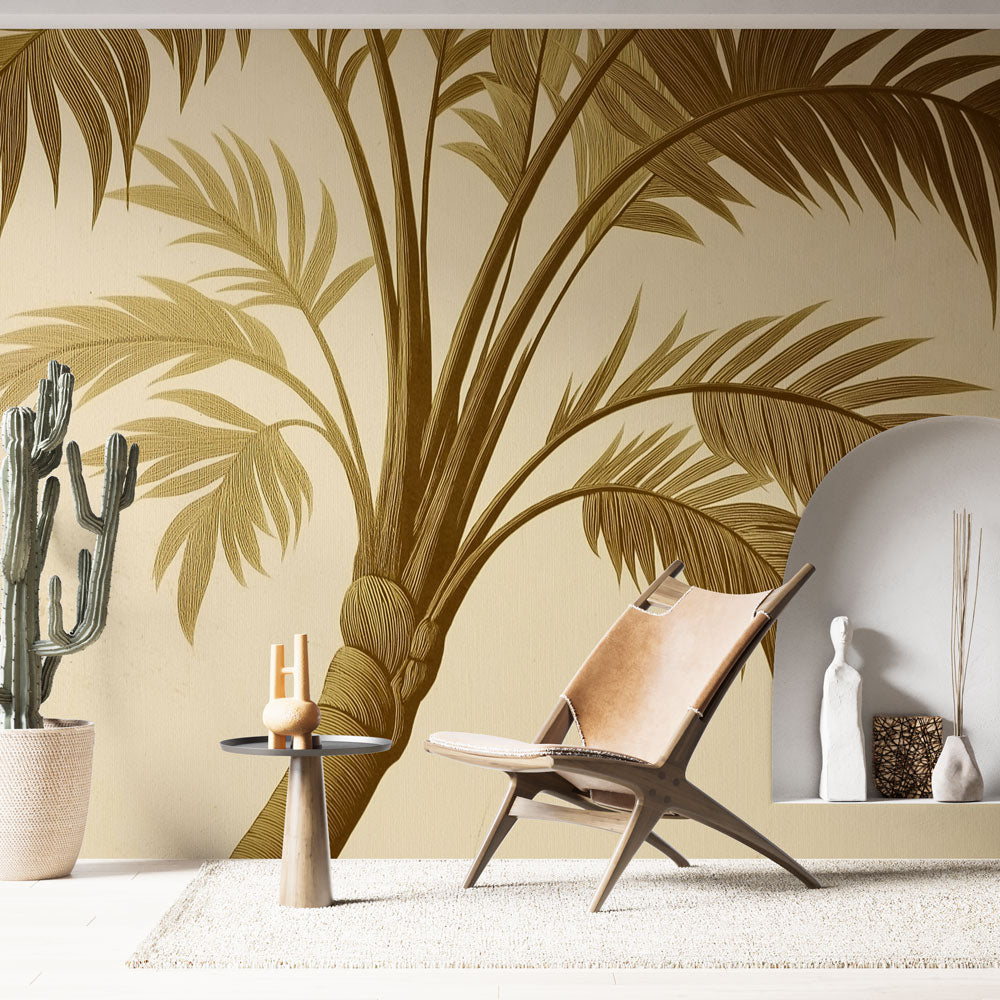 Mural Wallpaper palm tree | Elegant pattern of golden palm leaves on a ...