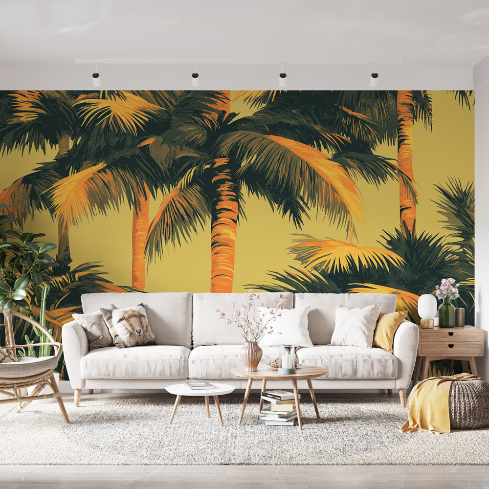 Tapetti palmupuut | Trooppinen kuvio palmupuilla kultaisissa ja ...