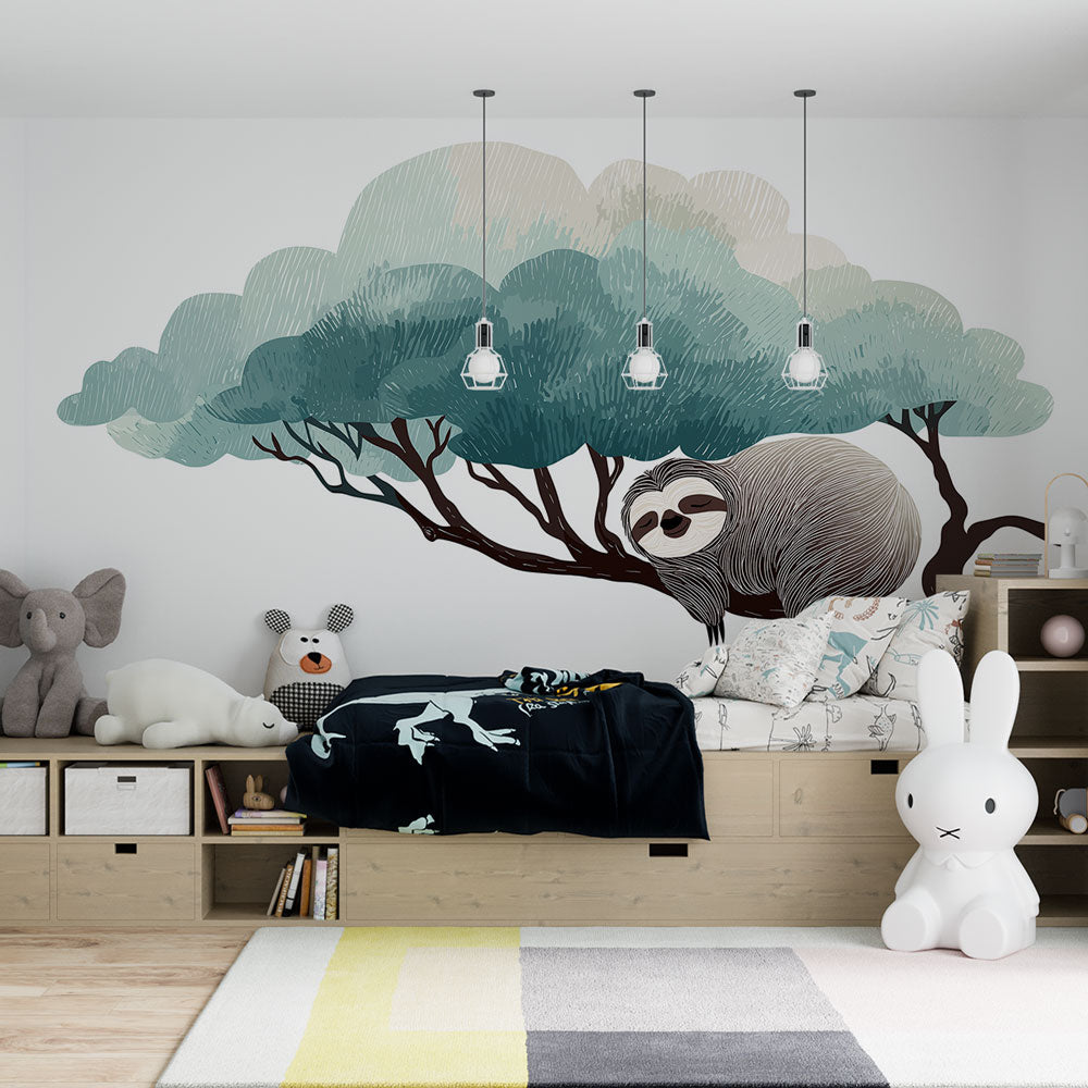 Mural Wallpaper slug: lazy-wallpaper-a-sleeping-sloth-in-a-stylized-tr ...