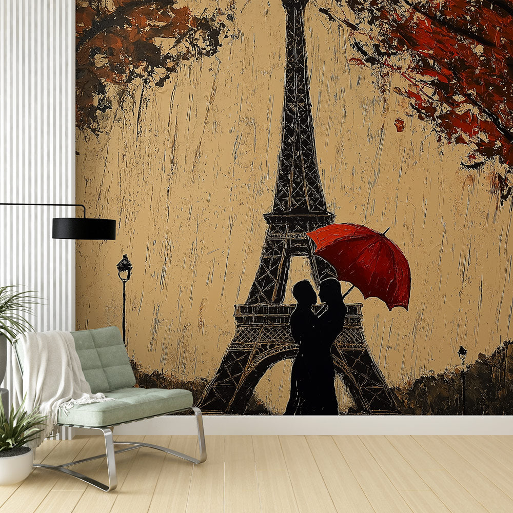 Mural Wallpaper Romantic Paris | Couple under a red umbrella at the Ei ...