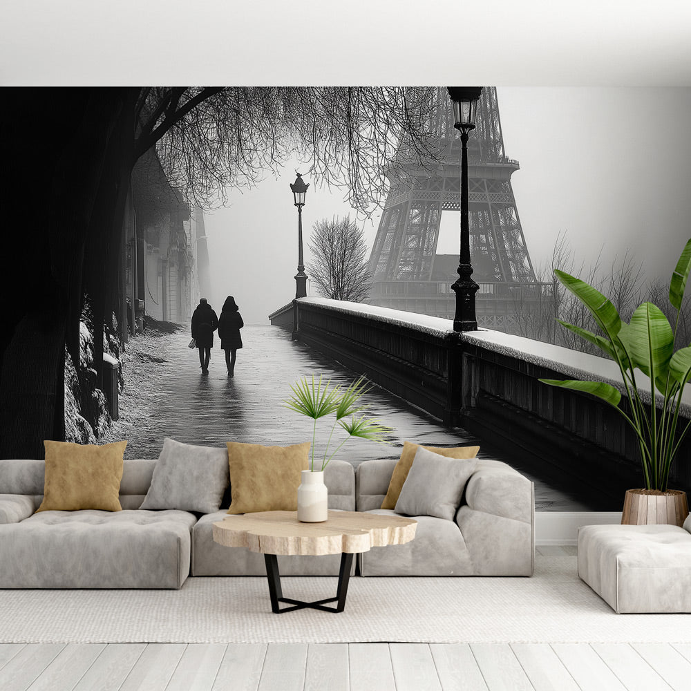 Mural Wallpaper Paris | Romantic scene in black and white with the Eif ...
