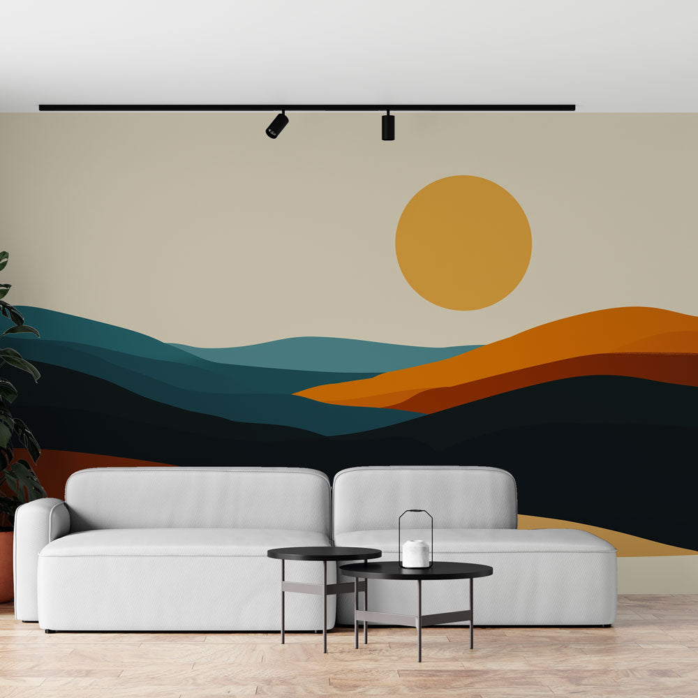Mural Wallpaper abstract landscape | Earthy colors and golden sun ...