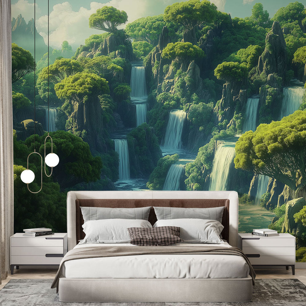 Mural Wallpaper aquatic landscape | Waterfalls and lush vegetation ...