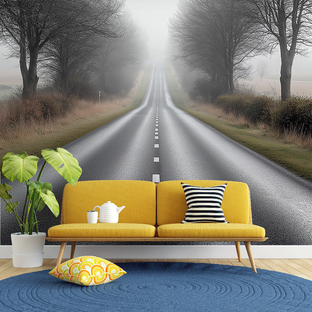 Mural Wallpaper misty landscape | Road winding through the trees ...