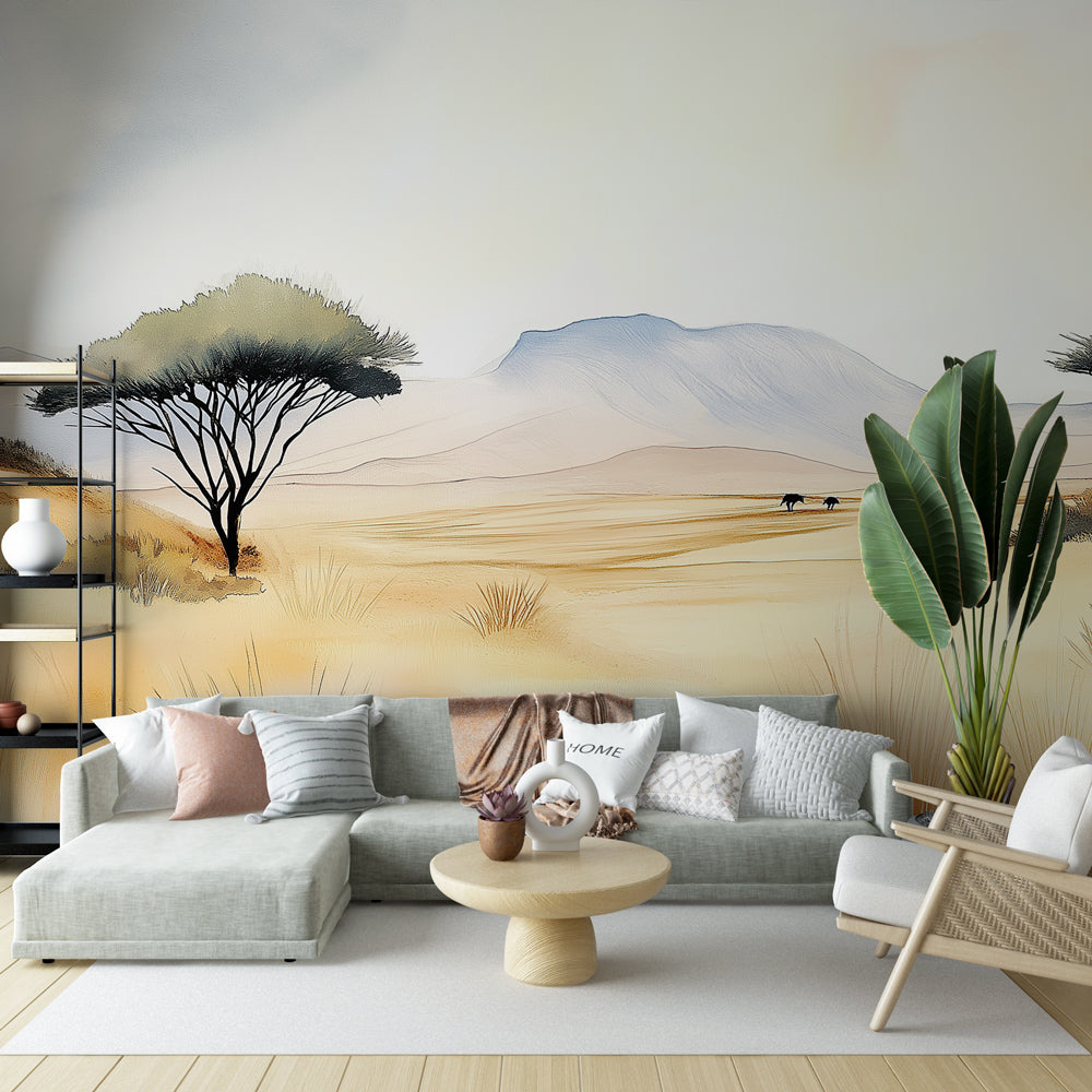 Mural Wallpaper desert landscape | Trees and Mountains in Watercolor ...
