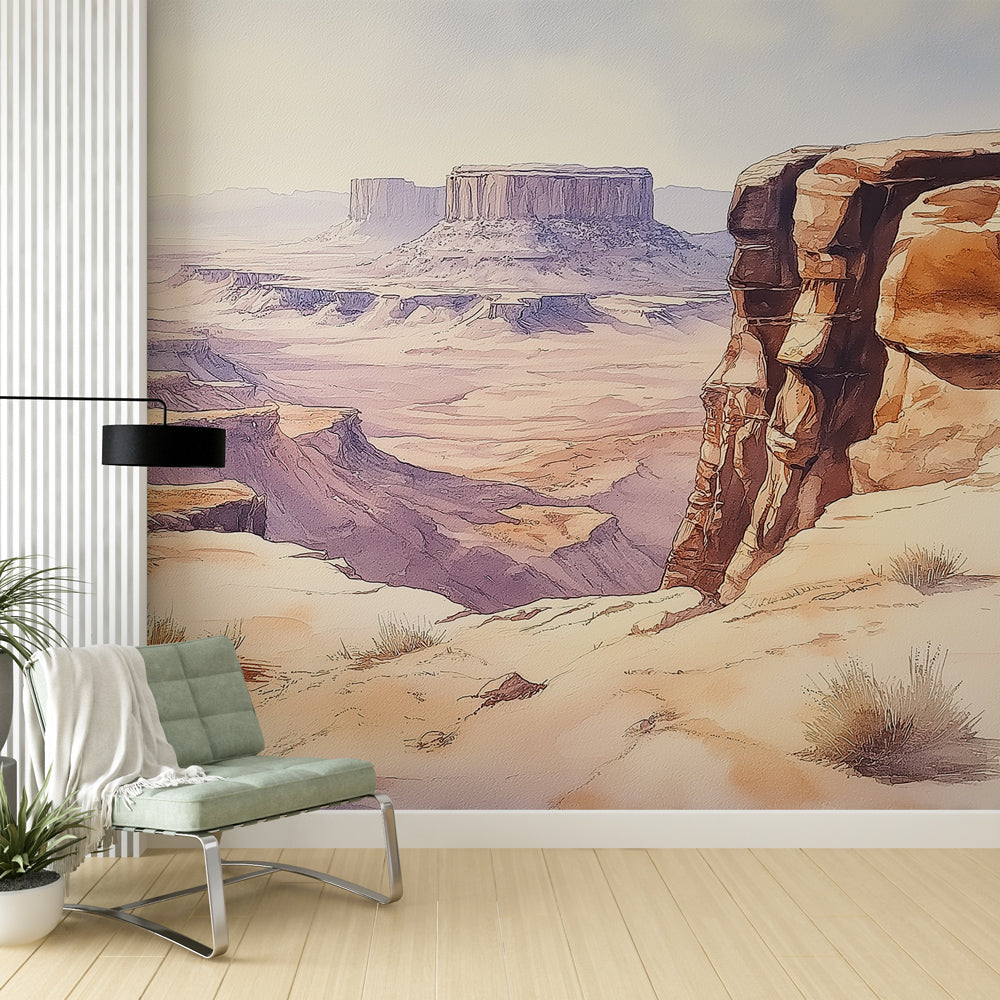 Mural Wallpaper desert landscape | Panoramic view of a stylized canyon ...