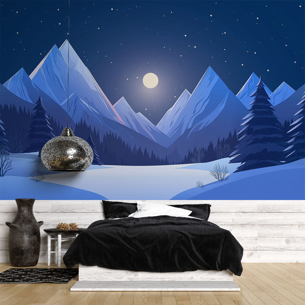 Mural Wallpaper mountain landscape | Mountains under the moon in a win ...