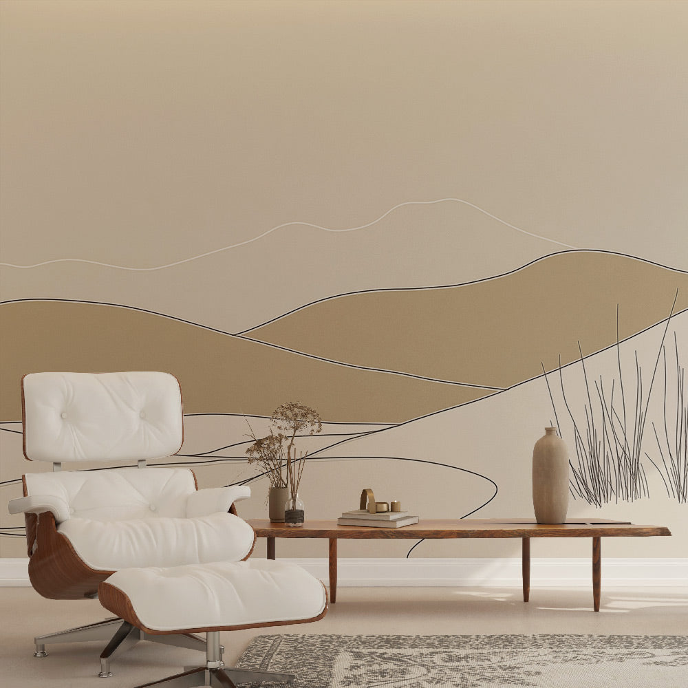 Mural Wallpaper panoramic landscape | Grasses and dunes in beige ...