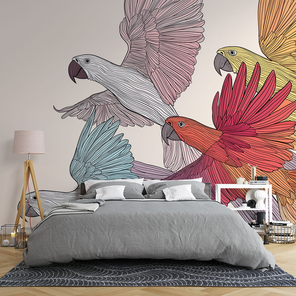 Mural Wallpaper parrots | Four colorful parrots in full flight with fi ...
