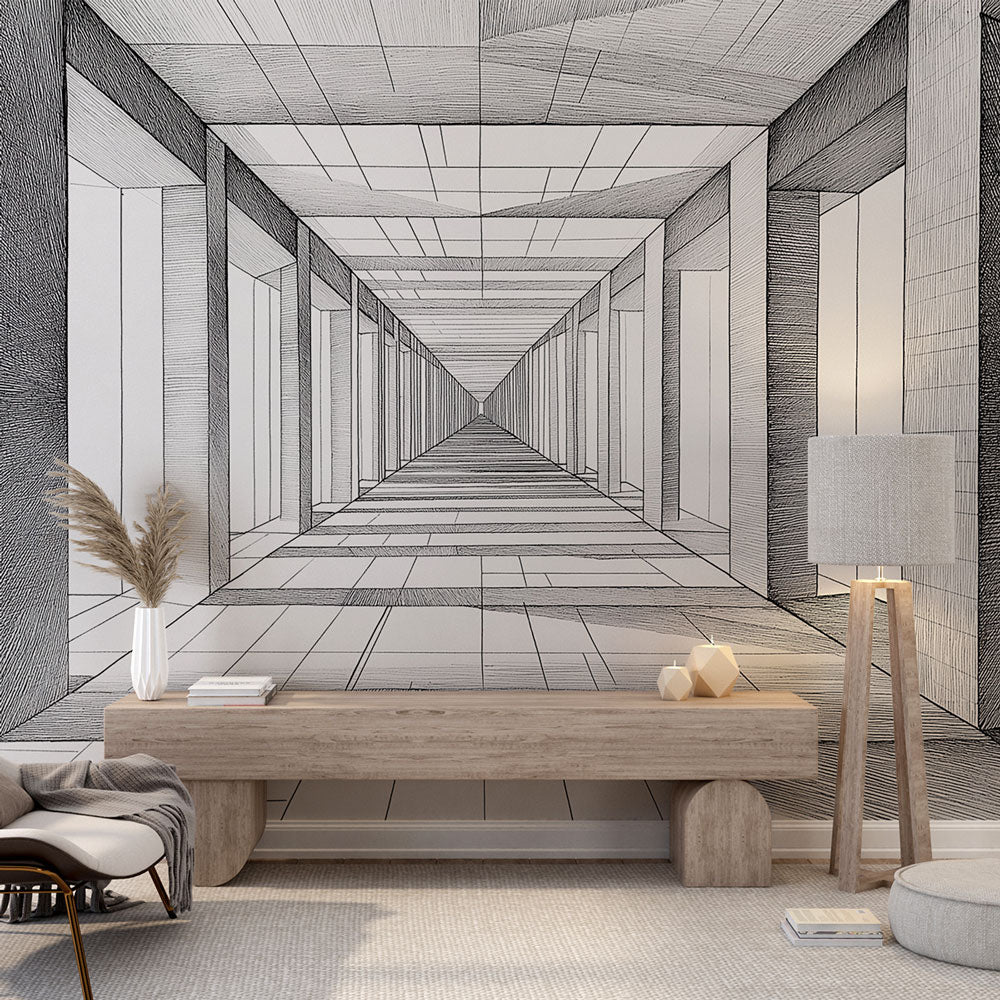 Mural Wallpaper geometric perspective | Linear design in black and whi ...