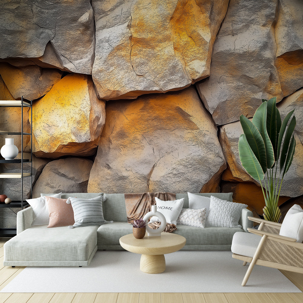 Mural Wallpaper stone | Realistic design of natural rock with warm sha ...