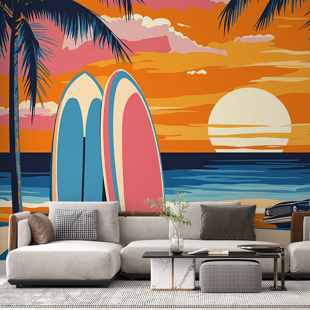 Mural Wallpaper beach at sunset | Surf and vintage nostalgia — WonderMural