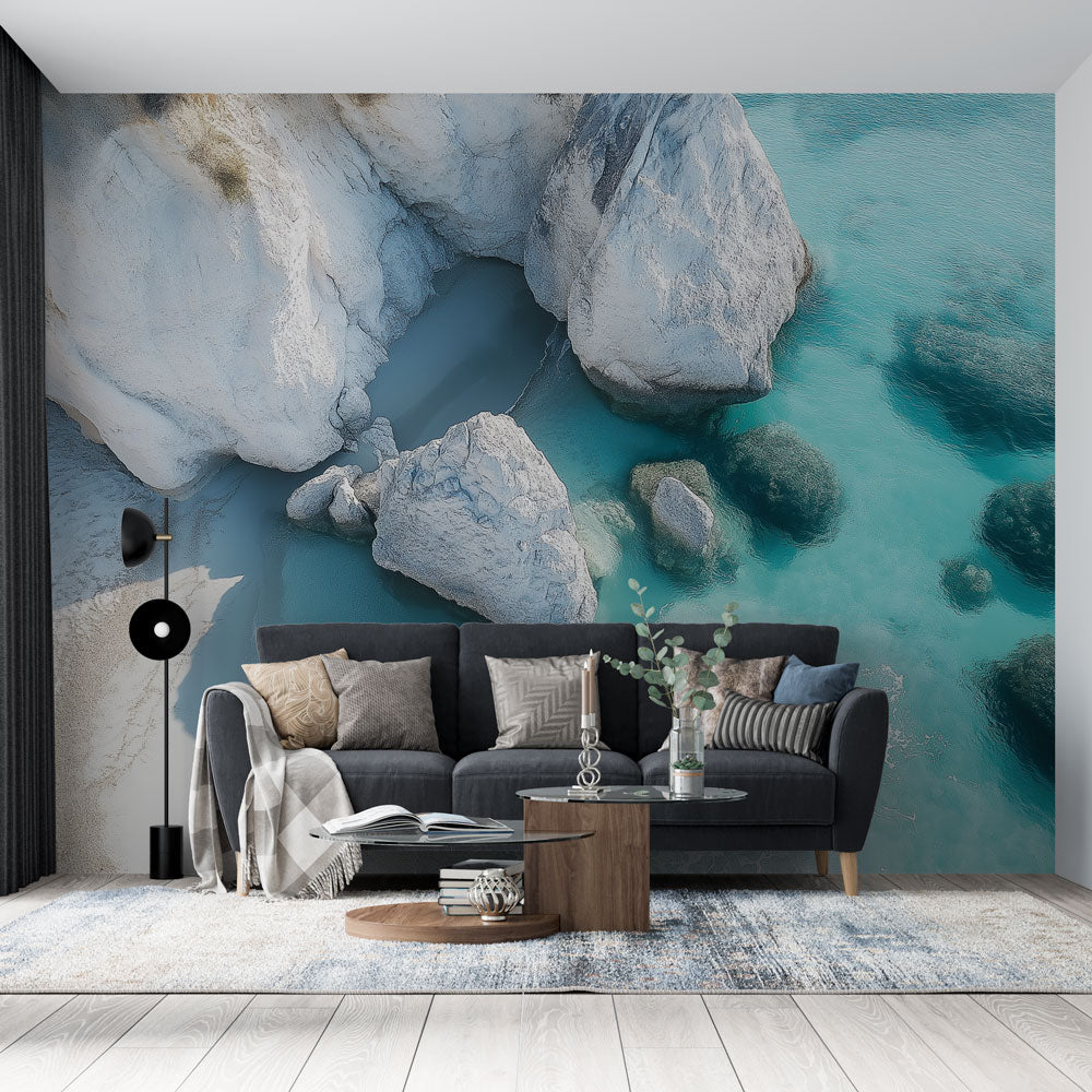 Foto Behang strand | Witte rots en turquoise water onder de zon ...