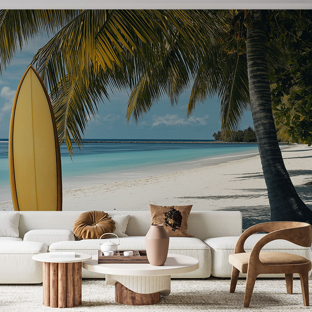 Mural Wallpaper tropical beach | Surf and palm trees on a sunny beach ...