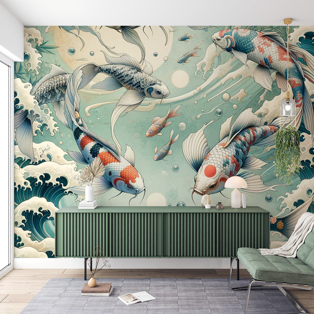 Japanese Fish Mural Wallpaper | Koi Carp and Japanese Wave — WonderMural