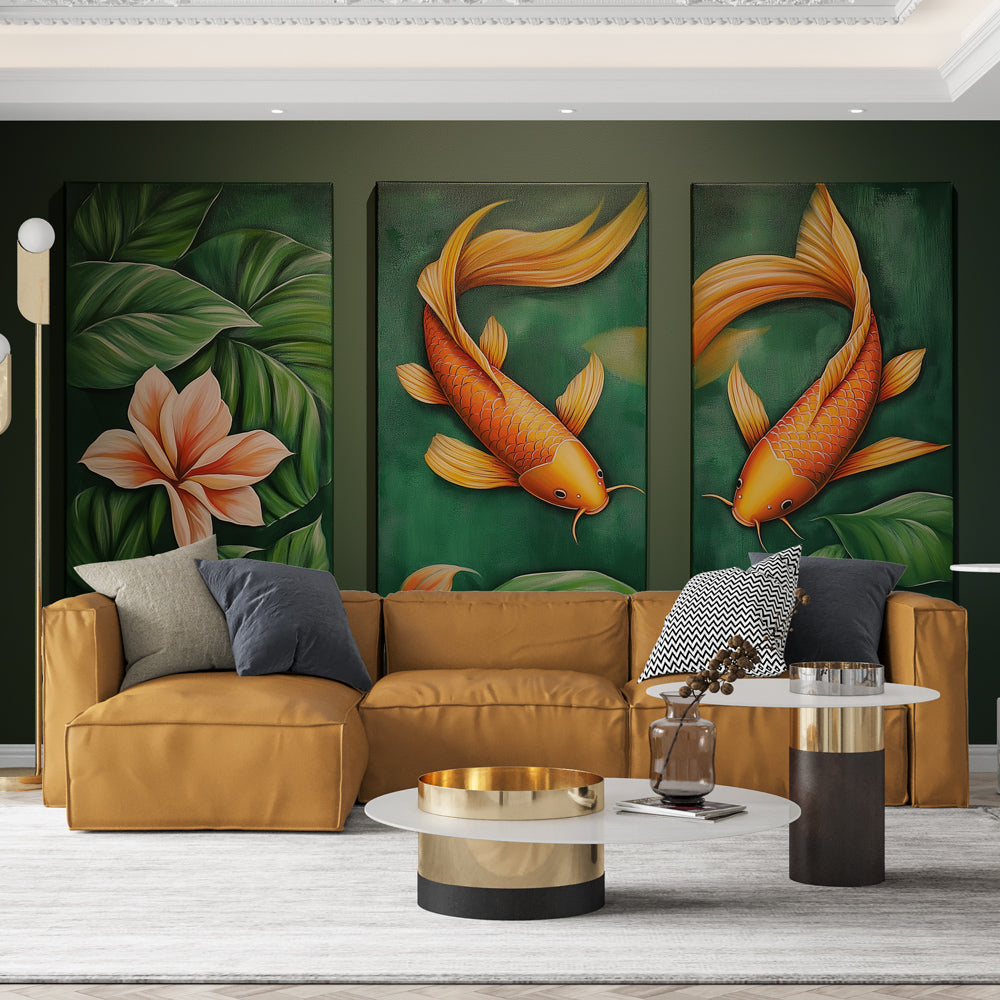 Mural Wallpaper koi fish | Golden fish and tropical foliage patterns ...