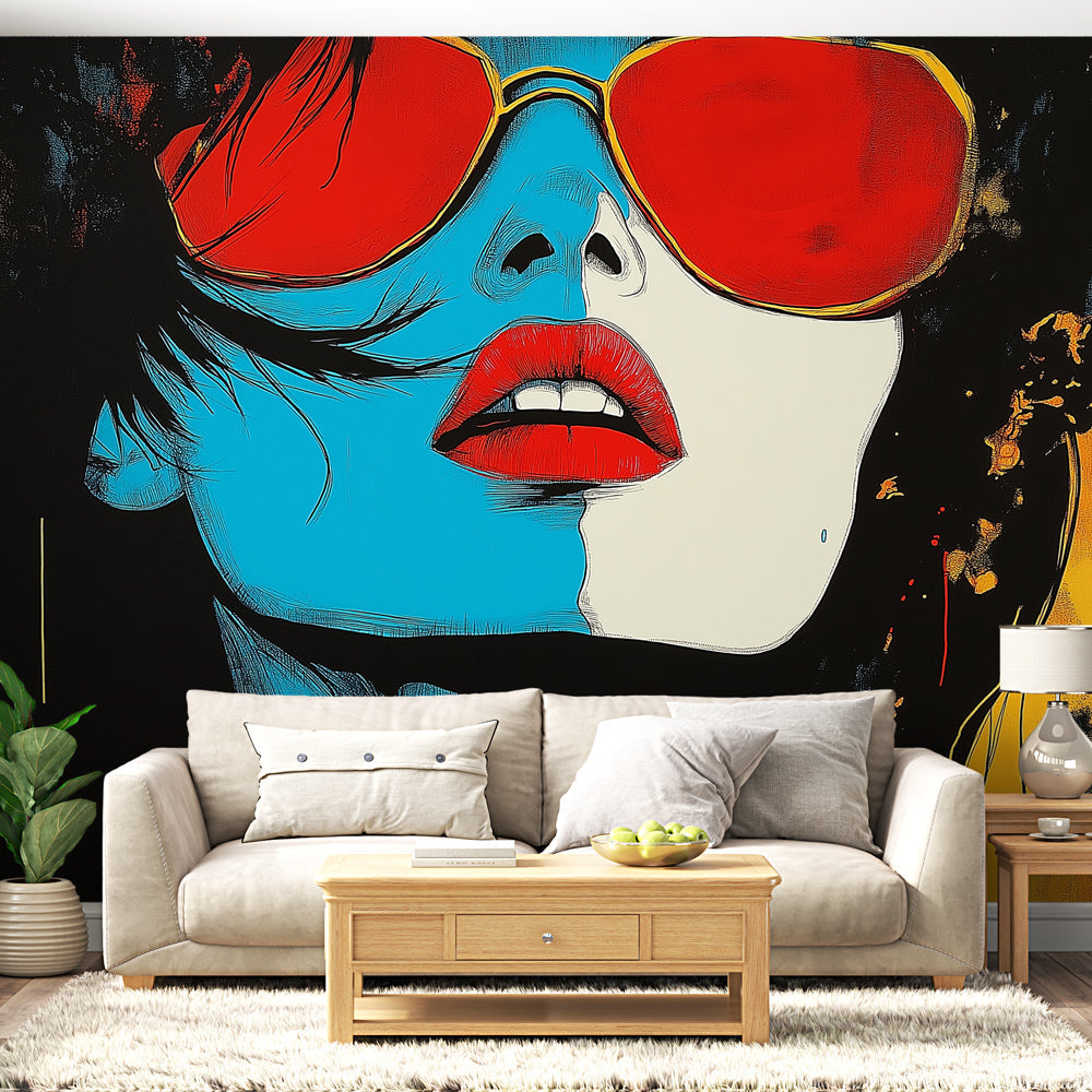Mural Wallpaper pop art | Stylized female face with red glasses and co ...