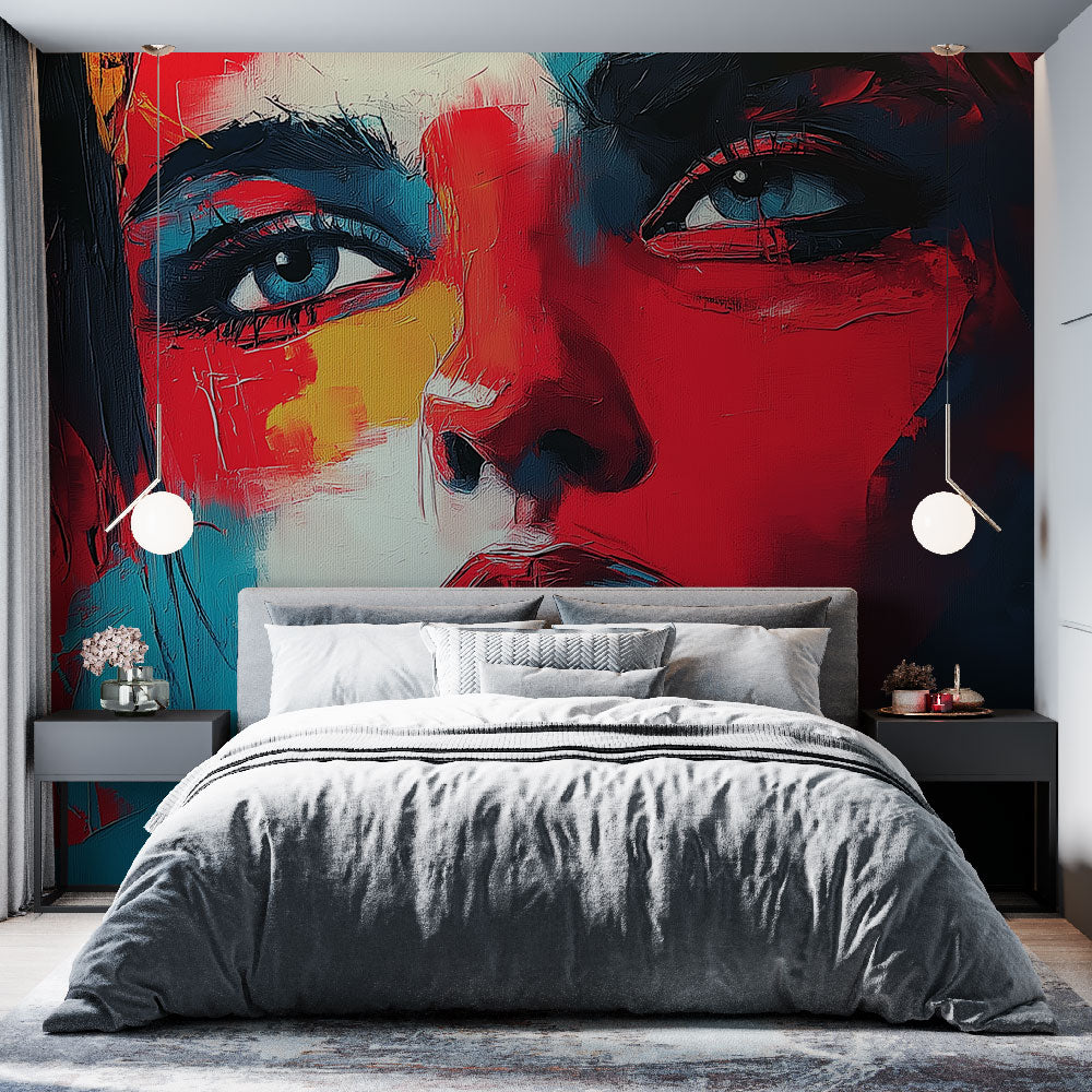 Mural Wallpaper abstract portrait | Vibrant female face in red and blu ...