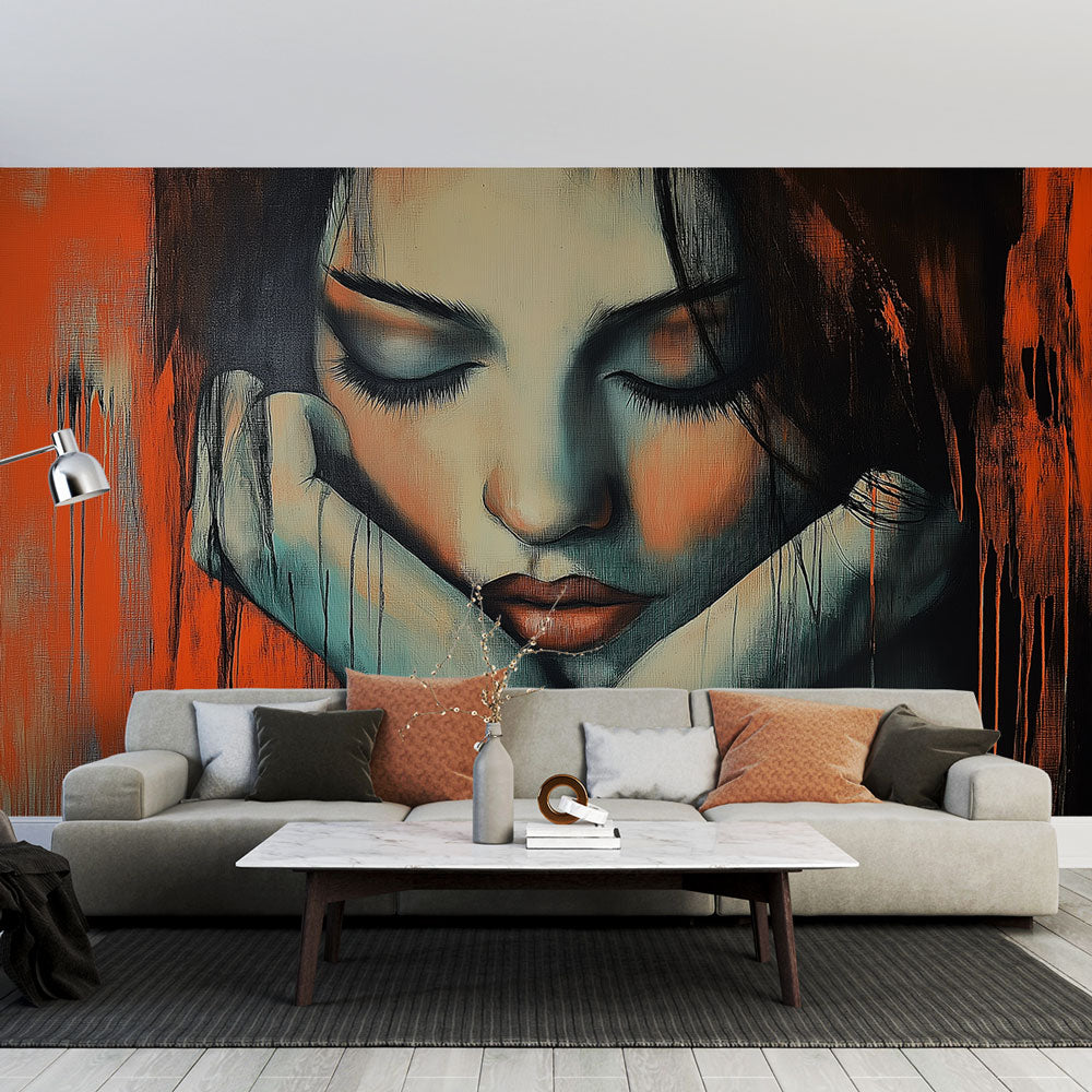 Mural Wallpaper Portrait | Meditative Woman on Vibrant Background ...