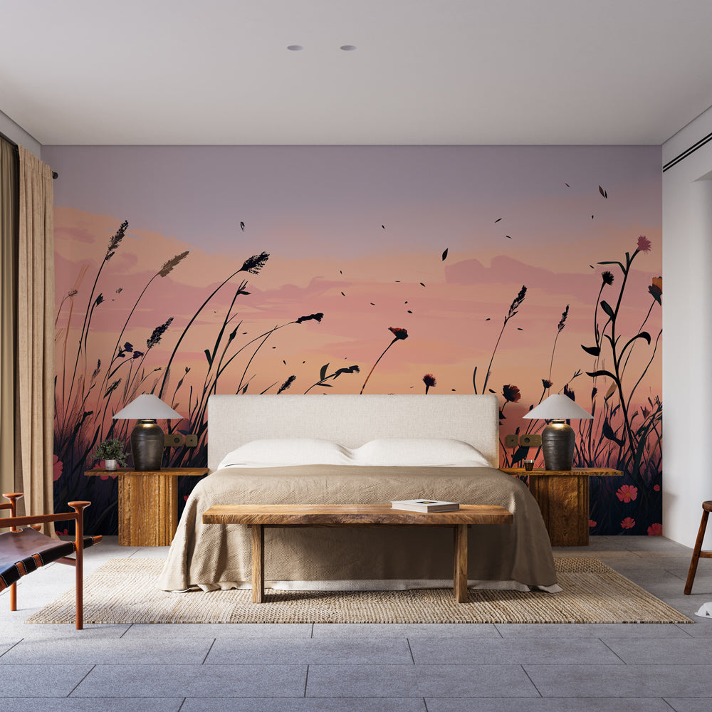 Mural Wallpaper prairie | Field of flowers at sunset — WonderMural