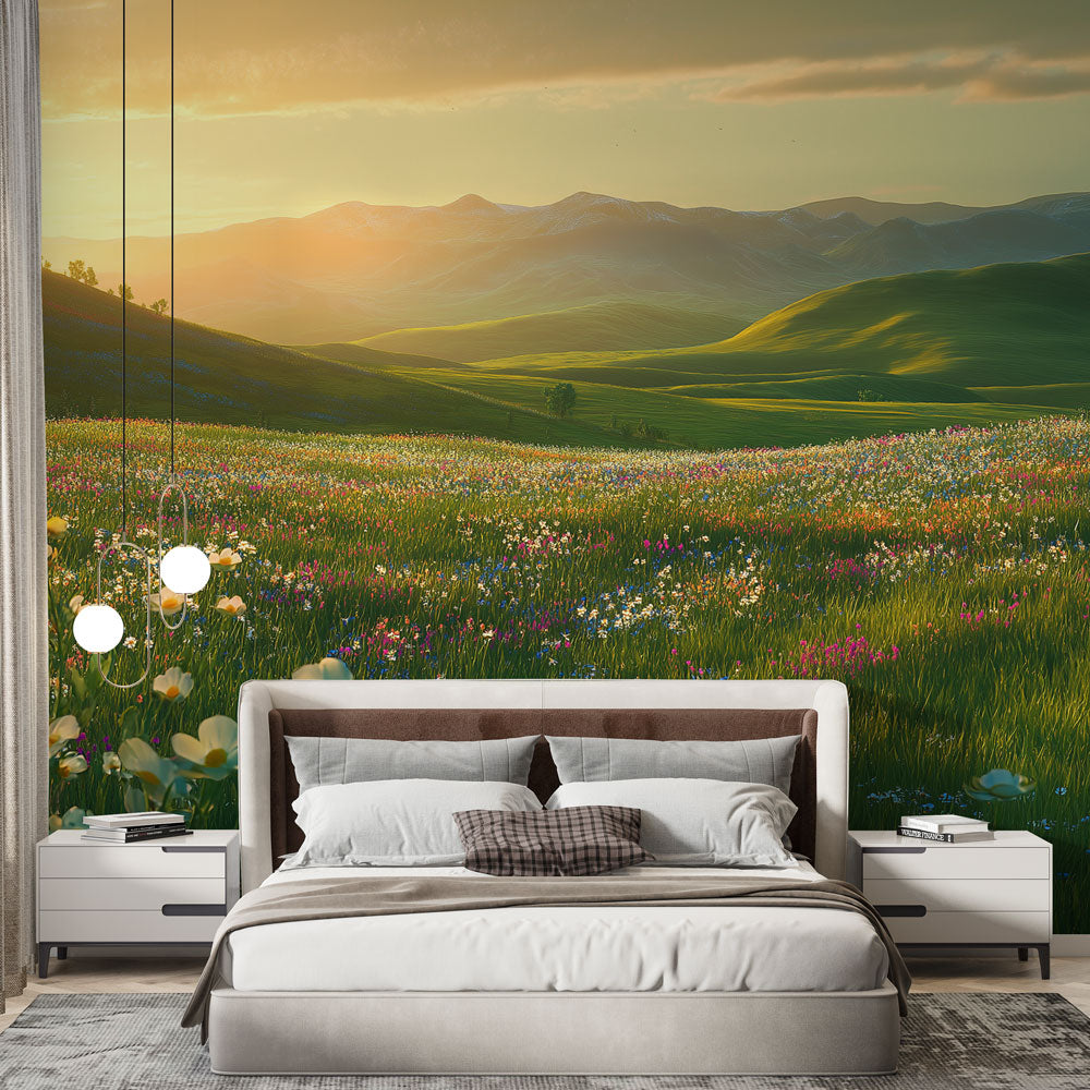Mural Wallpaper prairie | Field of wildflowers at sunset — WonderMural