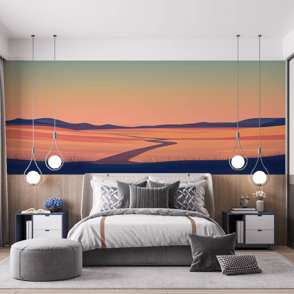 Mural Wallpaper prairie | Abstract prairie landscape with soothing sun ...