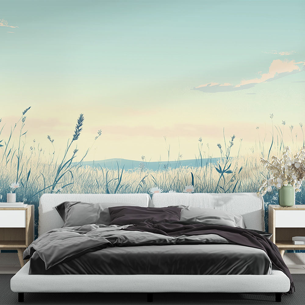 Mural Wallpaper prairie | A soothing floral landscape with soft tones ...
