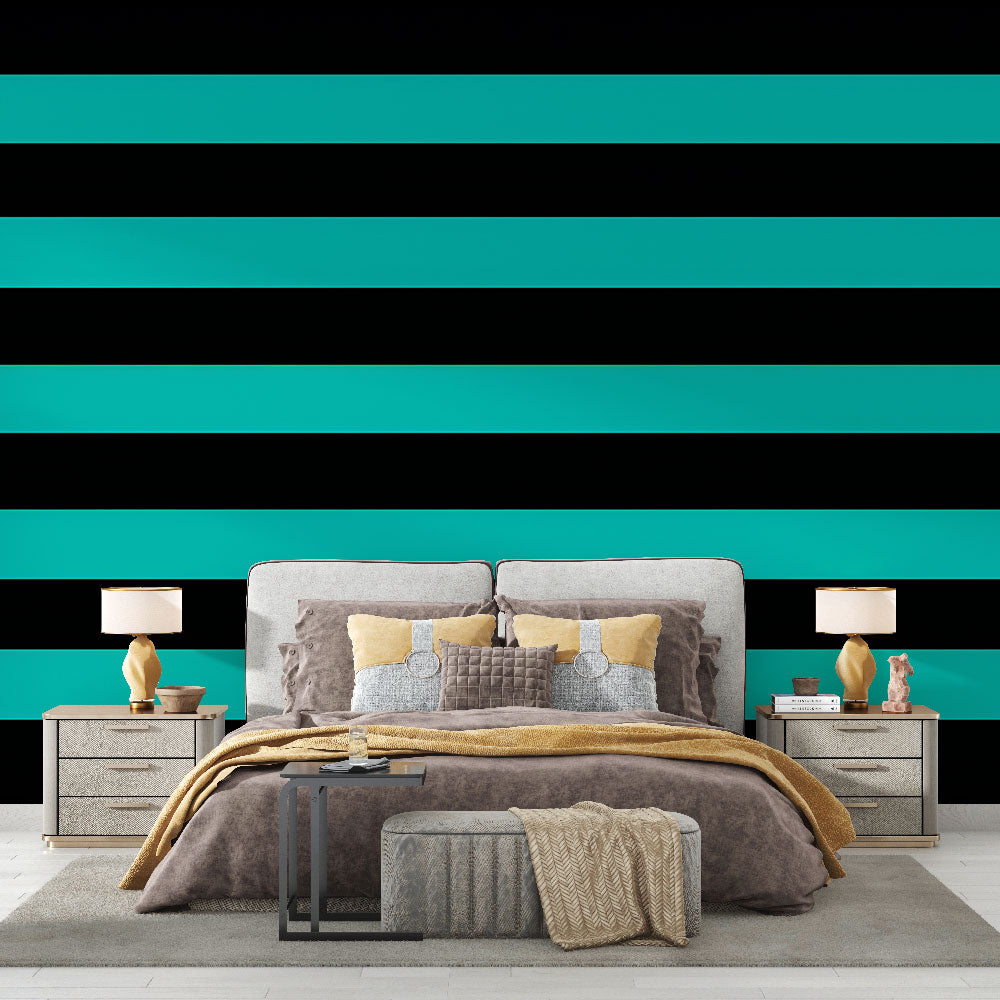 Mural Wallpaper horizontal stripes | Turquoise blue on black backgroun ...