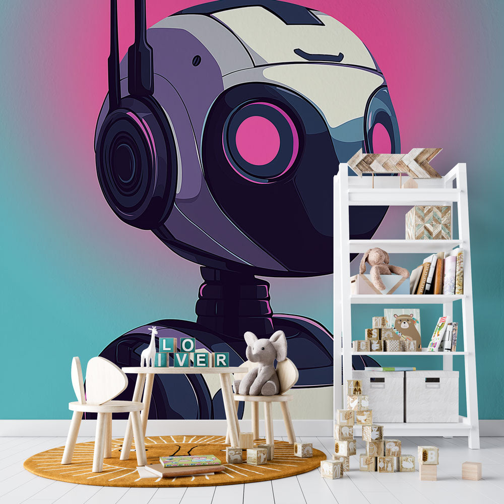 Mural Wallpaper robot | Stylized robot with headphones on colorful bac ...