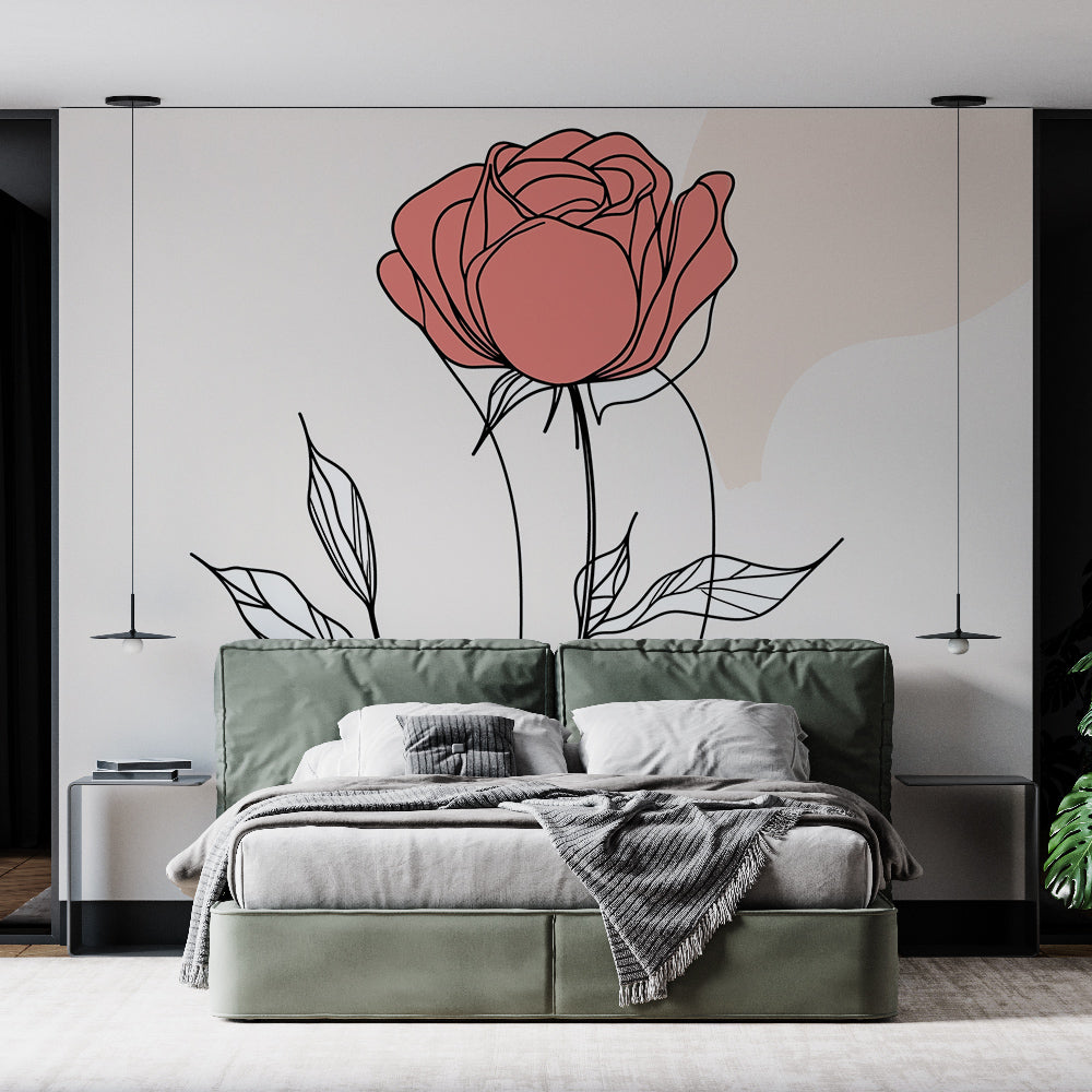 Coral Pink Mural Wallpaper | Elegant Stylized Rose and Fine Lines ...