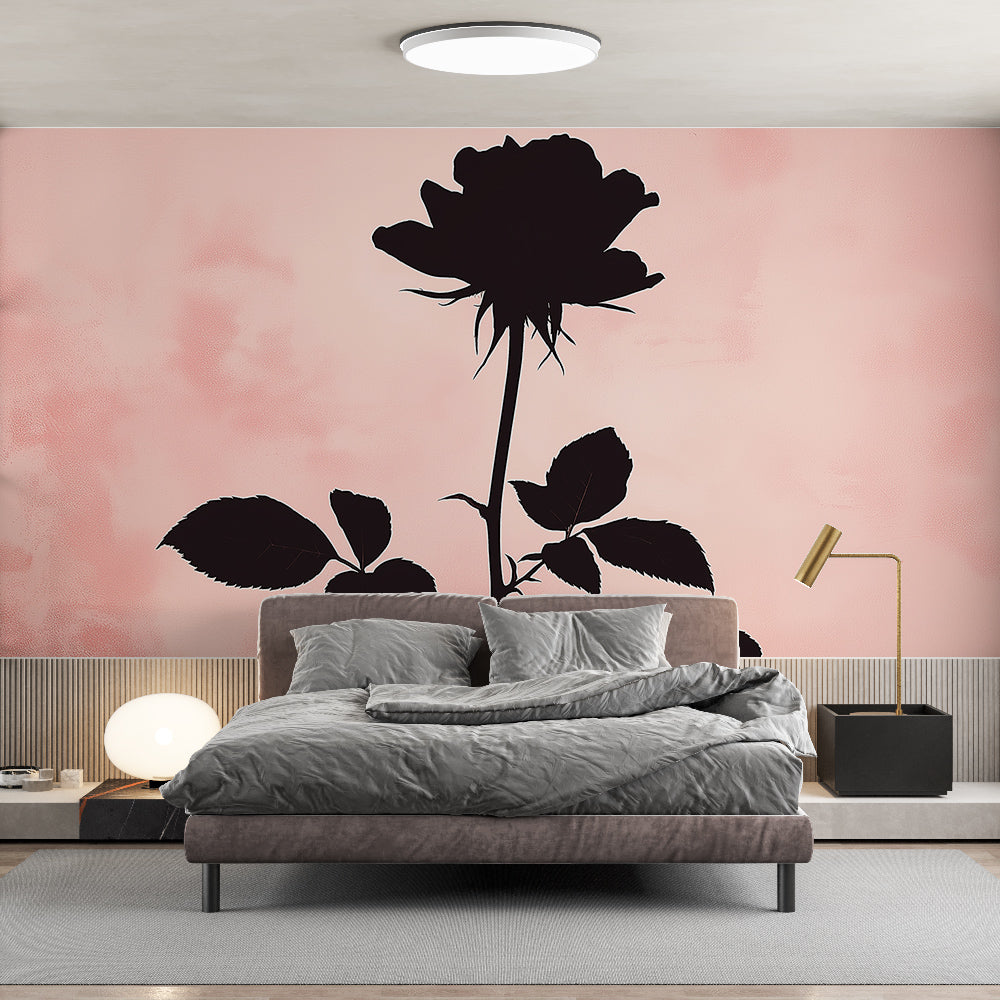 Black rose mural wallpaper | Silhouette of a rose on a pastel backgrou ...