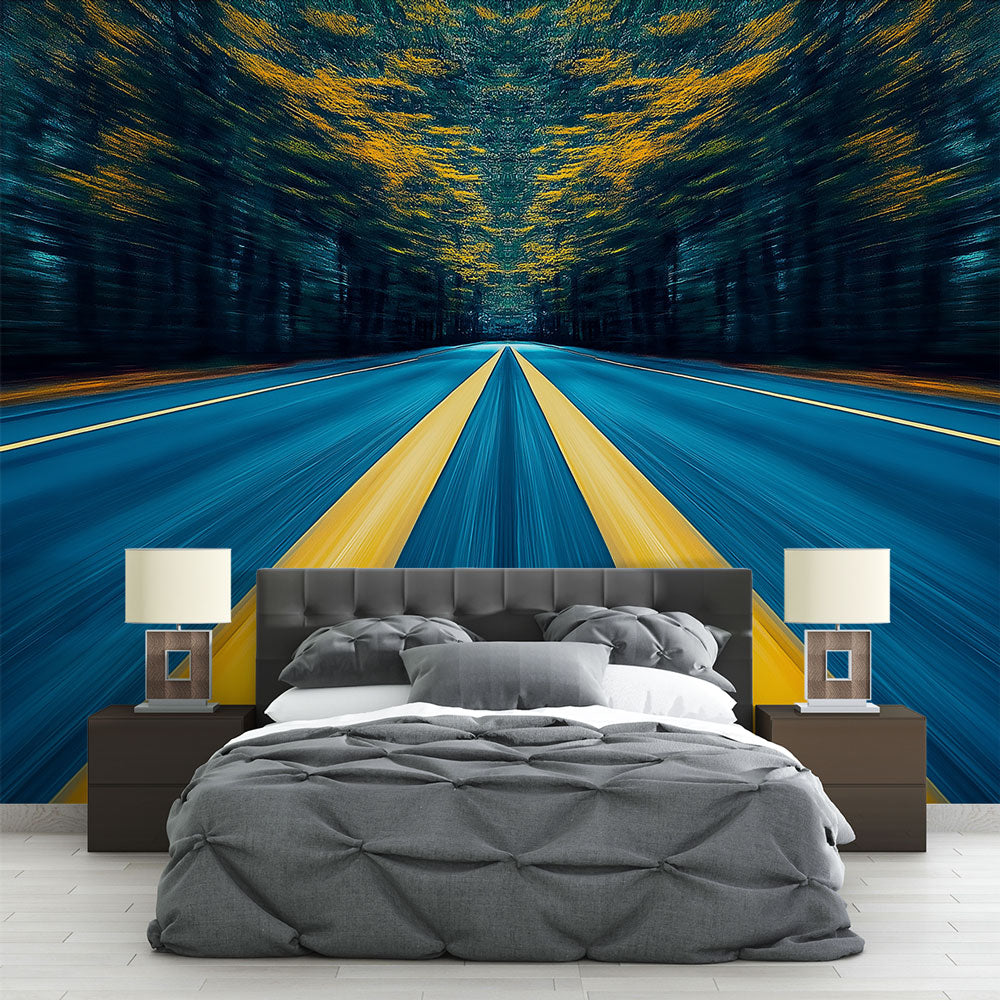 Mural Wallpaper road | Winding road surrounded by trees with vibrant c ...