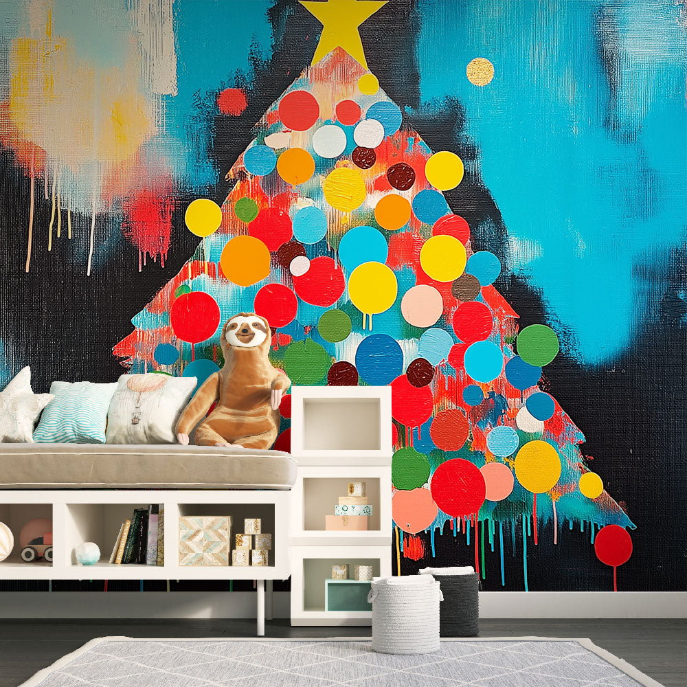 Mural Wallpaper Christmas Tree | Colorful Festive Tree with Vibrant Pa ...